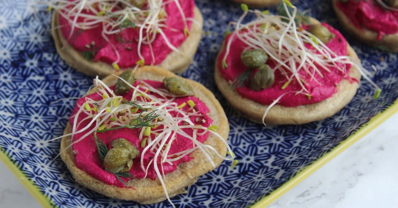 Teff Blinis with Beetroot Cashew Cheese - Ceri Jones Chef