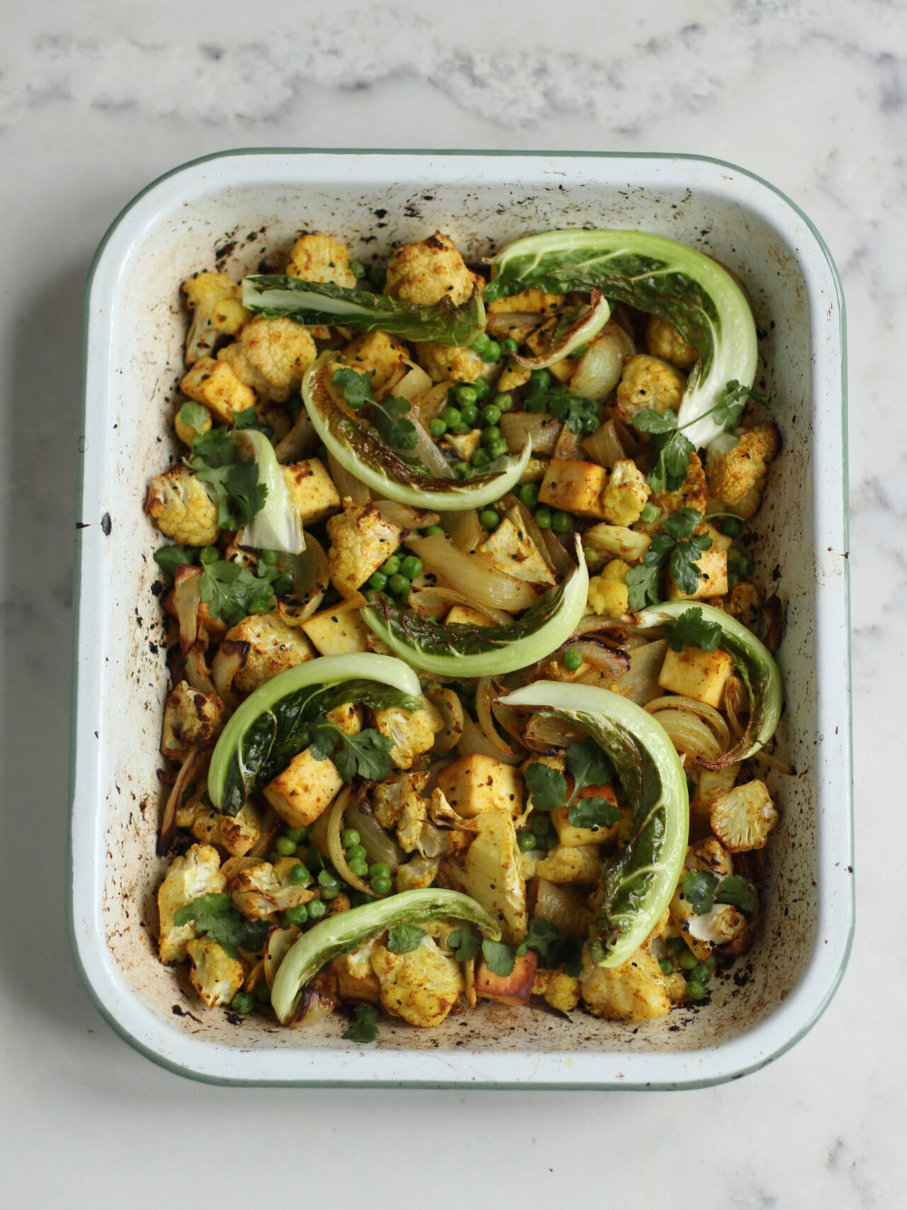 Spiced Cauliflower & Paneer Tray Bake with Buttery Onions and Peas ...